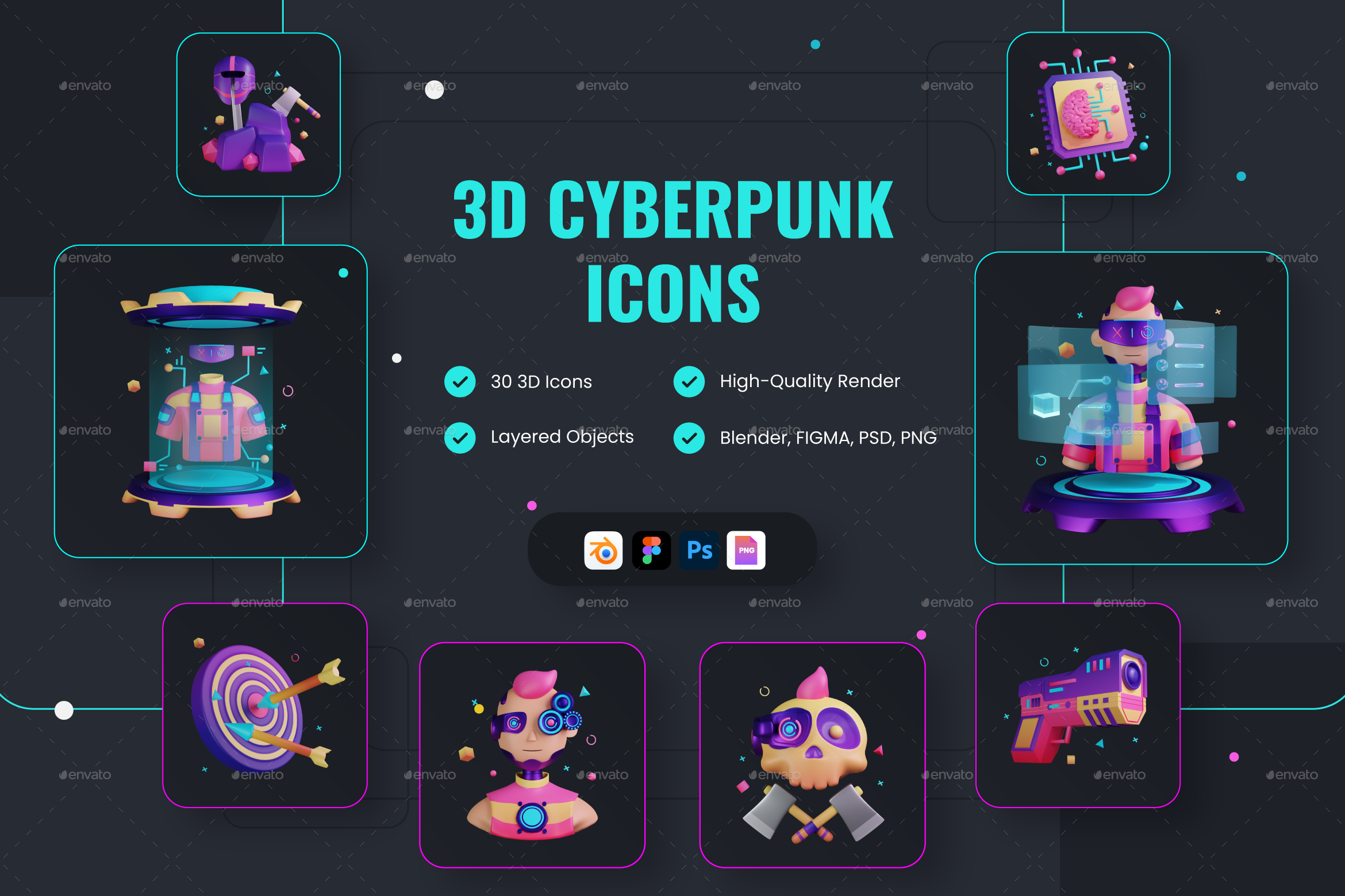 Cyberpunk Futuristic 3D Icon Set, Graphics | GraphicRiver